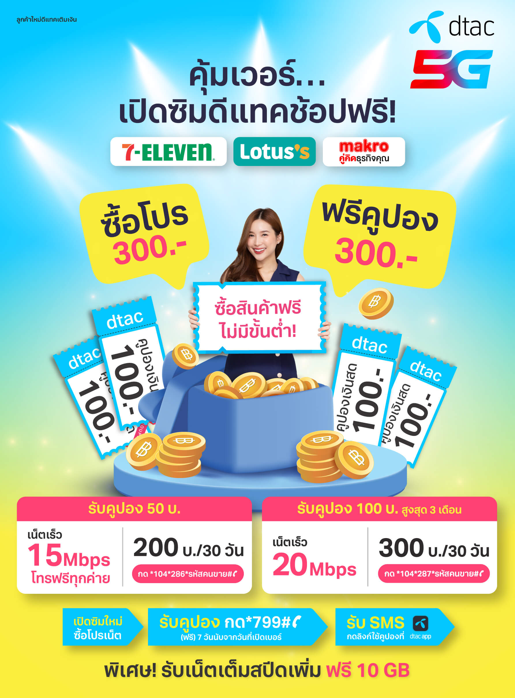 แจกคูปองช้อปฟรี เน็ตฟรี หลังเปิดซิมใหม่ | dtac